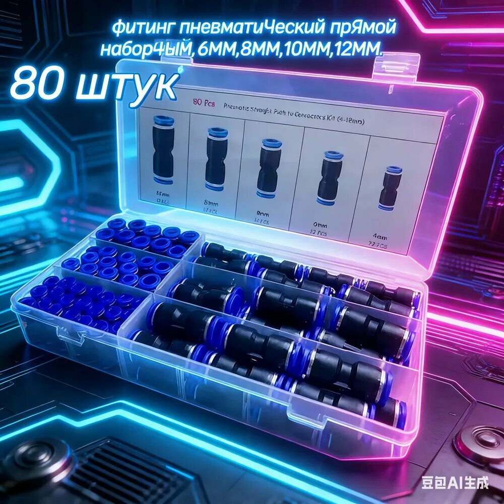 Фитинг пневматиЧеский прЯмой нaбop4MM,6MM,8MM,10MM,12MM.80 штук