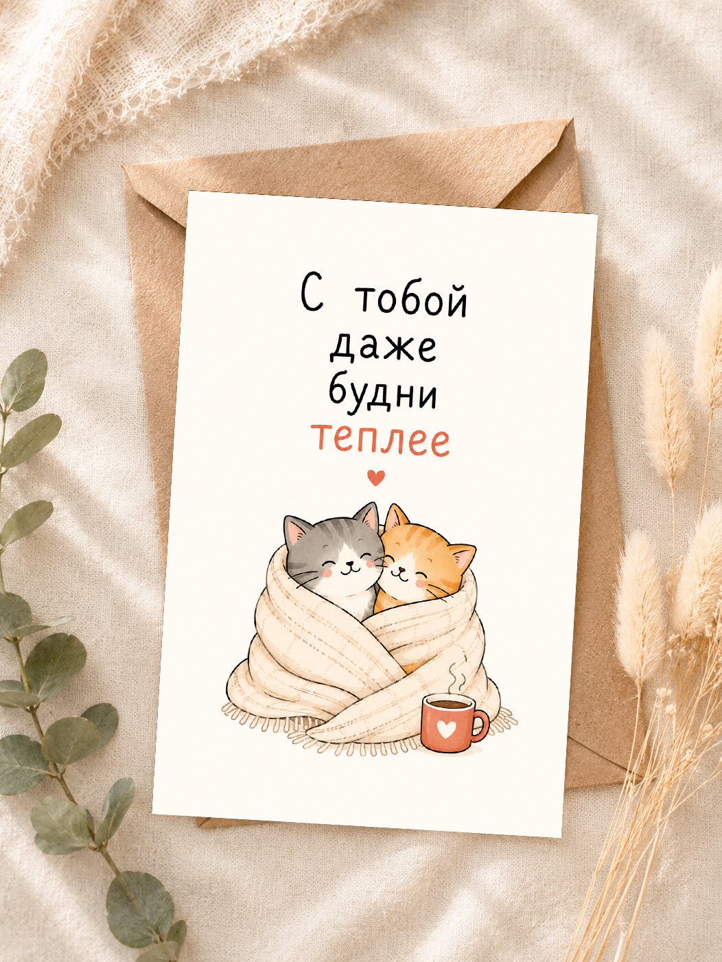 Открытка «С тобой даже будни теплее» с котиками, A6 10×15 см с крафт-конвертом