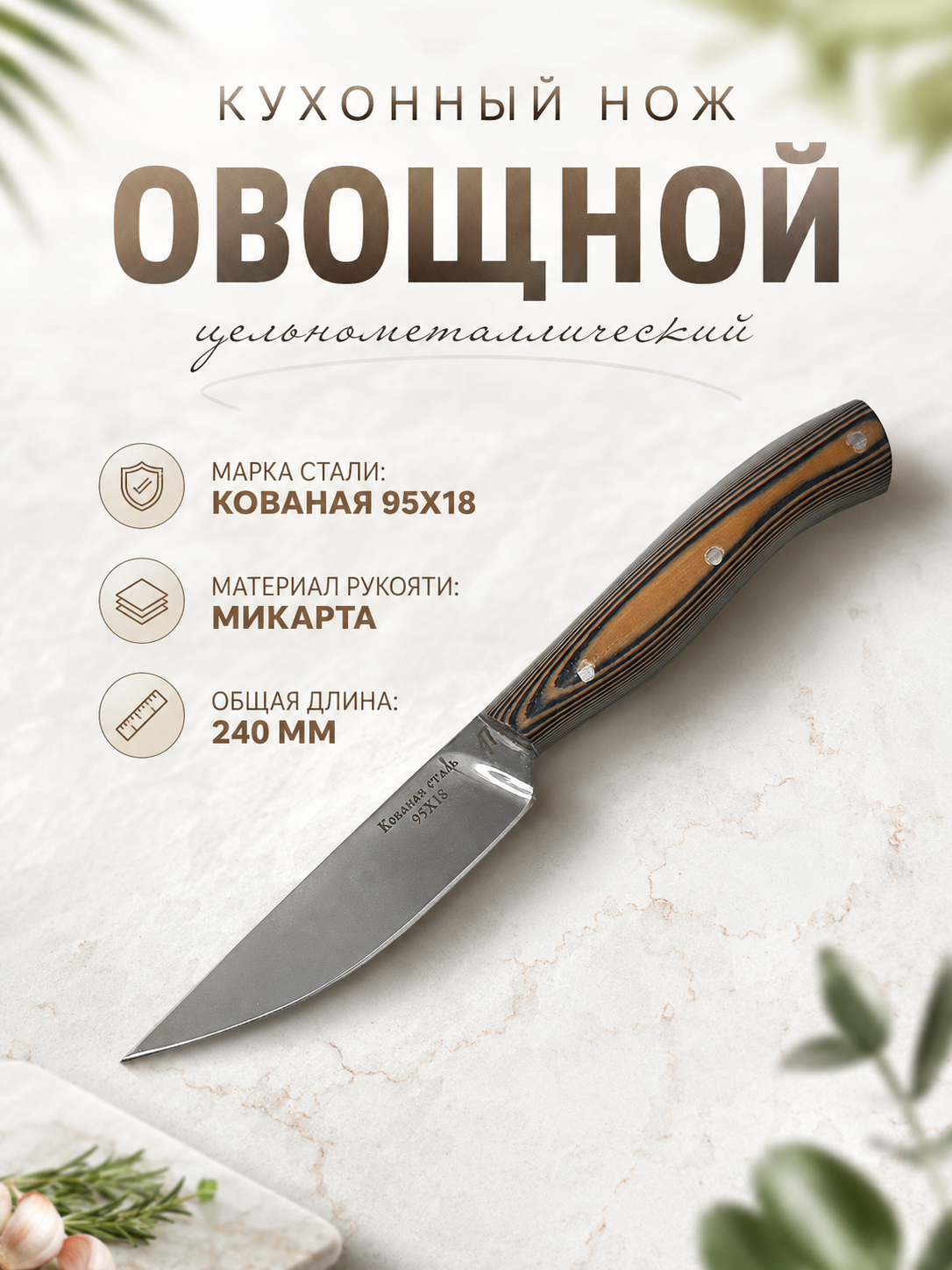 Овощной кухонный нож, цельнометаллический, кованая 95х18, микарта (коричневый)
