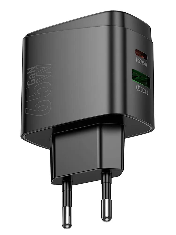 Сетевое зарядное устройство Hoco CS63A GaN PD65W (USB-A + Type-C), черный (быстрая зарядка для iPhone, Android / для ноутбуков до 65 Вт)