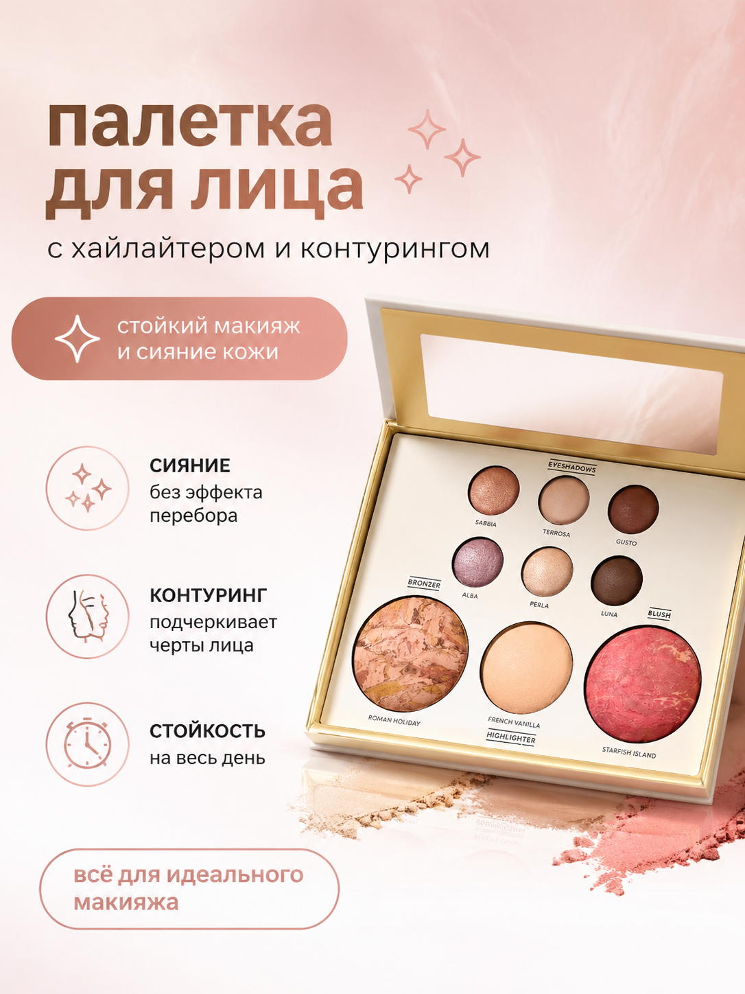 Палетка для лица с хайлайтером и контурингом, стойкий макияж и сияние кожи