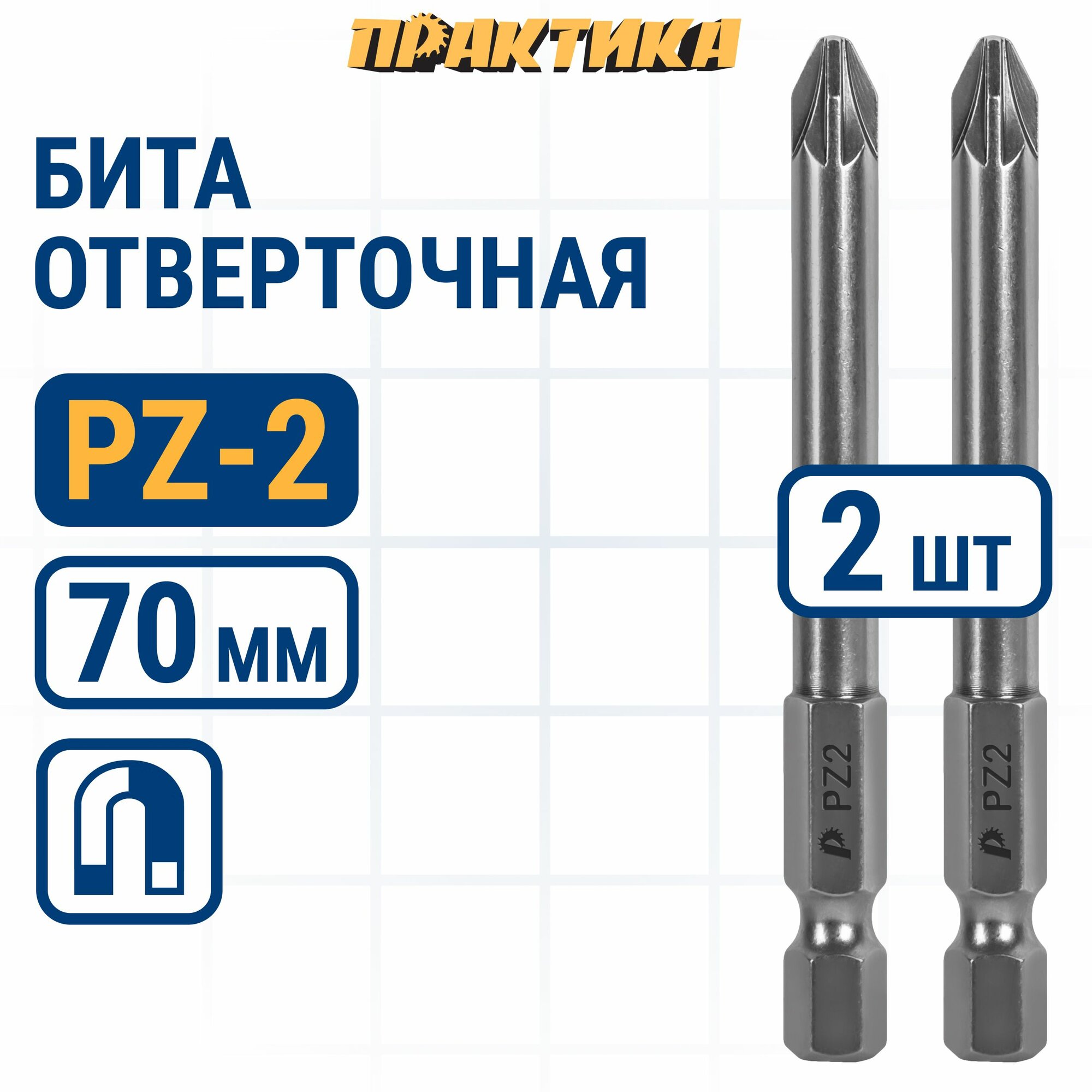 Биты для шуруповертов / бита отверточная ПРАКТИКА "Профи" PZ-2 х 70 мм (2 шт)