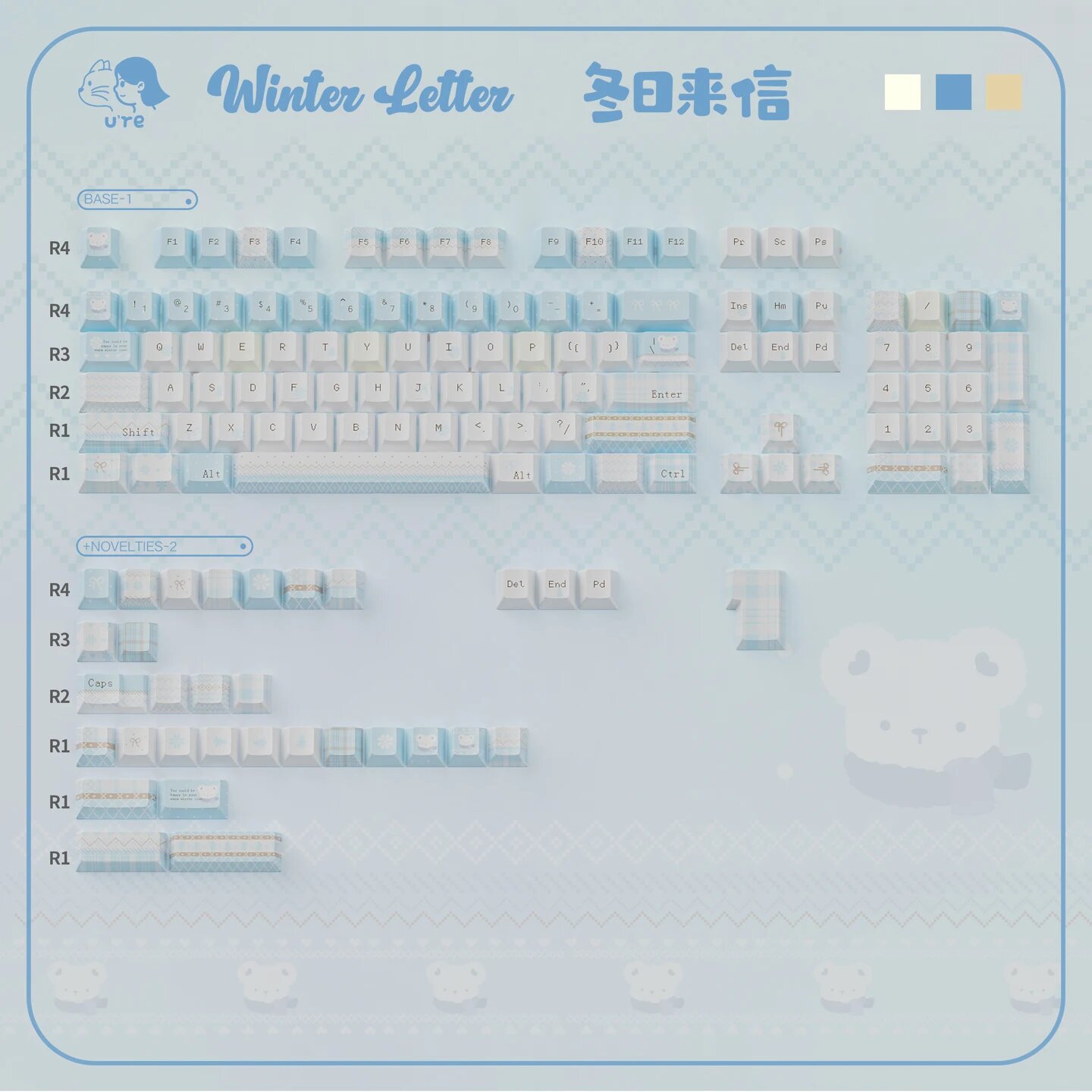 BINYEAE PBT-колпачки клавиш Winter Letter Theme синие для механических клавиатур MX Cherry