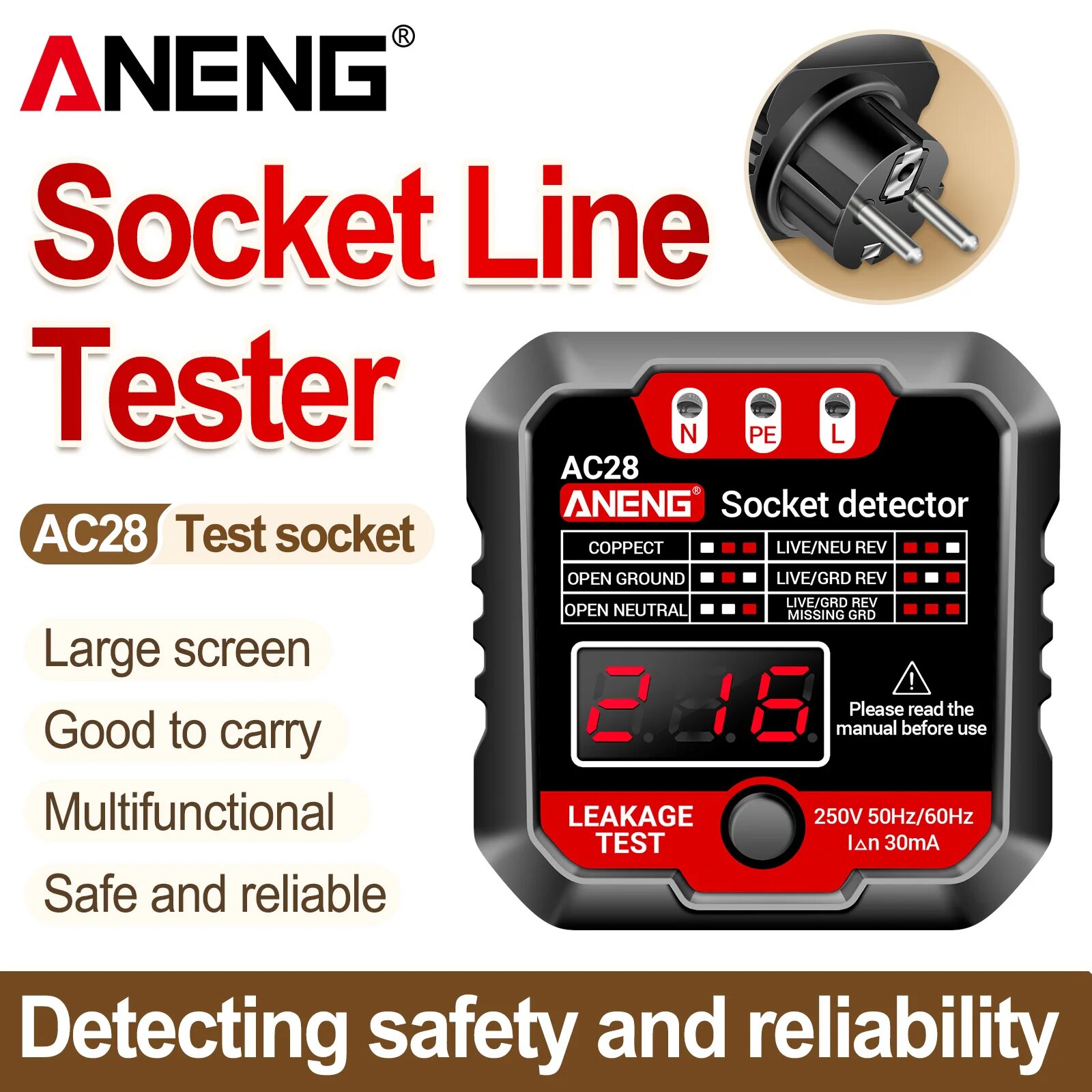 Тестер розеток ANENG AC28, EU Plug (Black) — фото 1