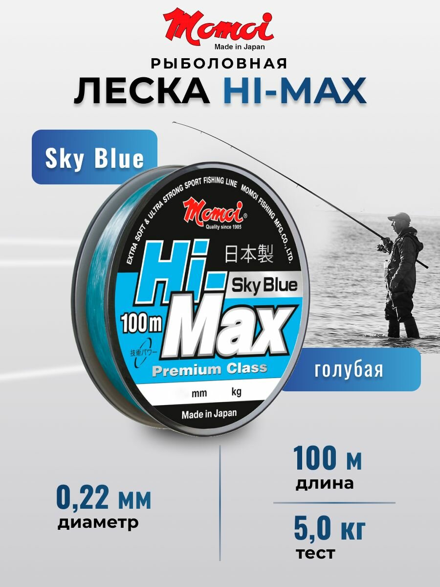 Монофильная леска для рыбалки Momoi Hi-Max Sky Blue 0,22 мм, 5,0 кг, 100 м. Летняя рыбалка/ фидер, спиннинг, троллинг. Голубая 1 штука
