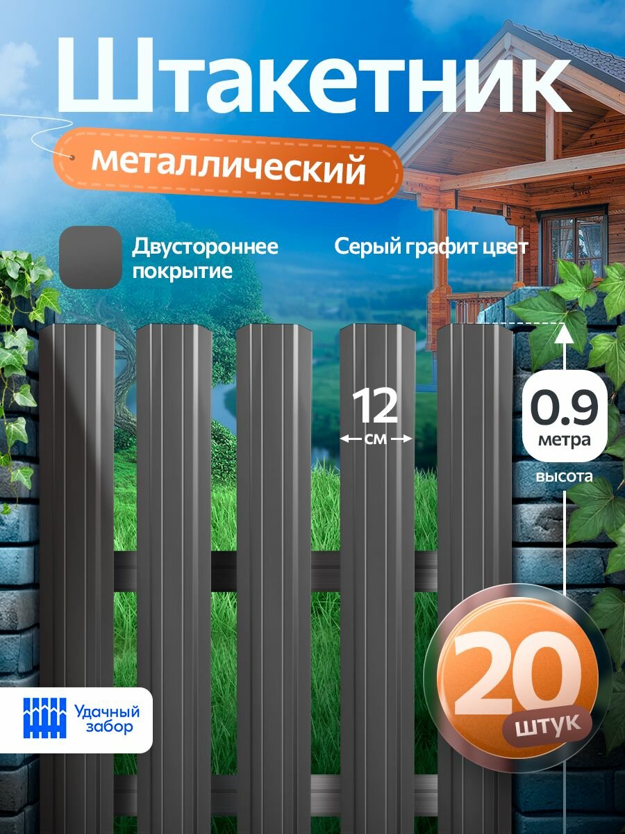 Штакетник металлический, двусторонний, оцинкованный для забора / серый графит, 0,9м х 12 см, 20 штук