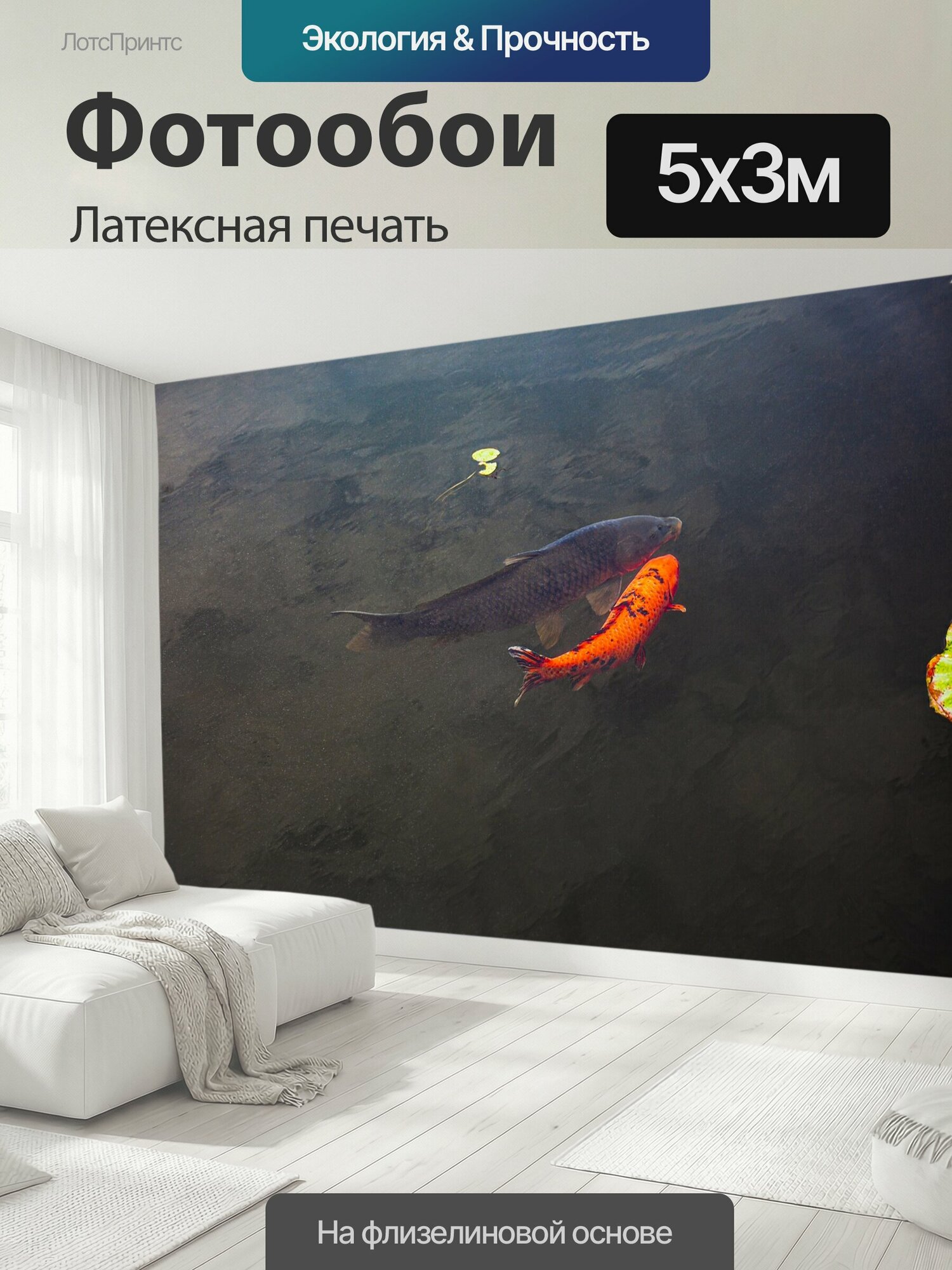 Фотообои моющиеся ударопрочные "Карась, рыбы, пруд" 500x300 см. латексная печать