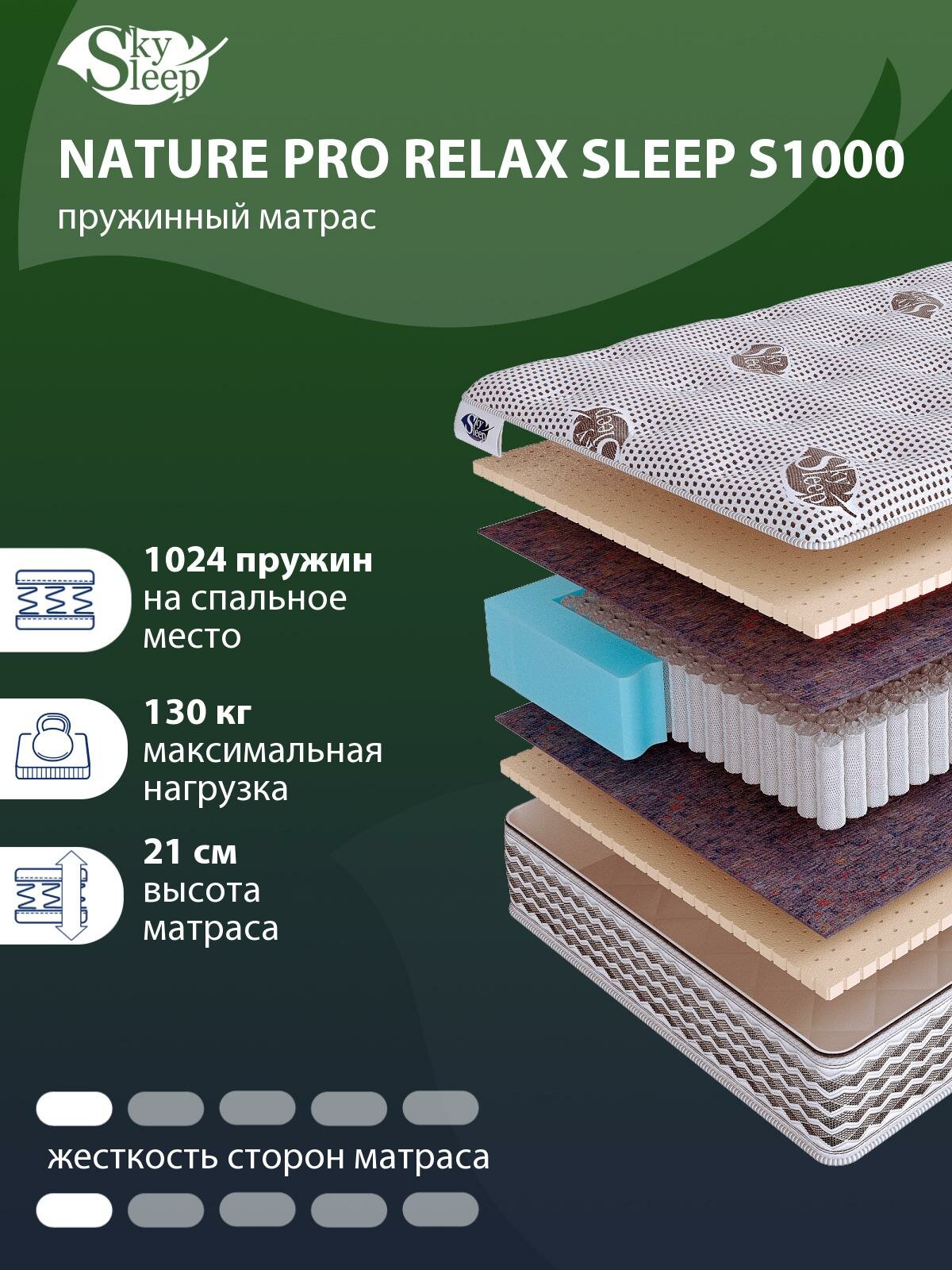 Матрас SkySleep NATURE PRO Relax Sleep S1000 100×225, на независимых пружинах, мягкий, 21 см