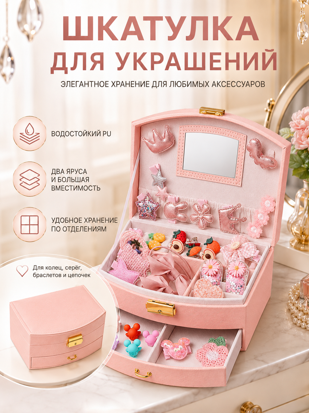 Эта шкатулка для украшений имеет двухслойную конструкцию и оснащена специальным отделением для хранения колец и серёг,10,20,0.4, шкатулка-комод,1, искусственная кожа, пластик, универсальная, замок,