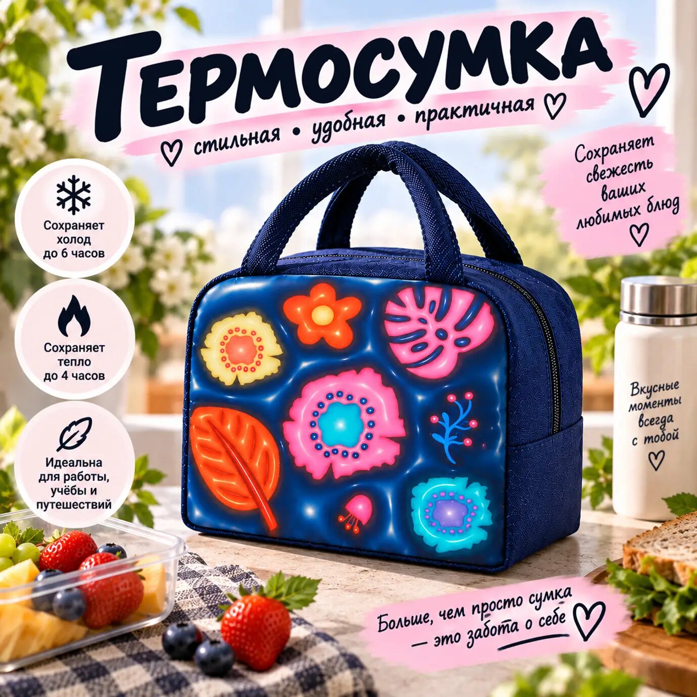 Эксклюзивная термосумка 4.5 литра с принтом листья, чёрная, создана для школы и пикника