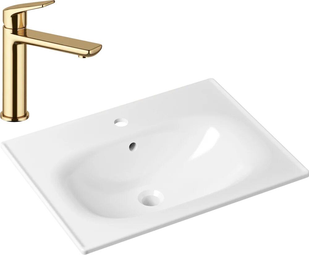 Комплект 2 в 1 Раковина Lavinia Boho Bathroom Sink 33312010 60 глянцевая белая / Смеситель Wellsee ICON! for life 182303000, золото