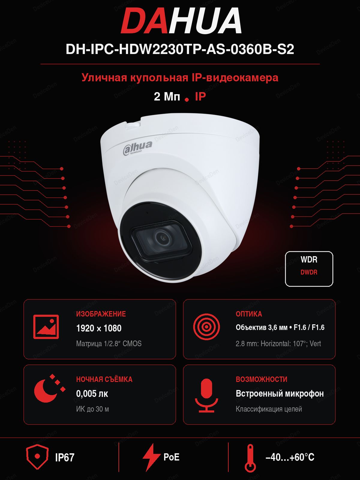 Dahua DH-IPC-HDW2230TP-AS-0360B-S2 - 2 Мп уличная IP-камера, встроенный микрофон, PoE