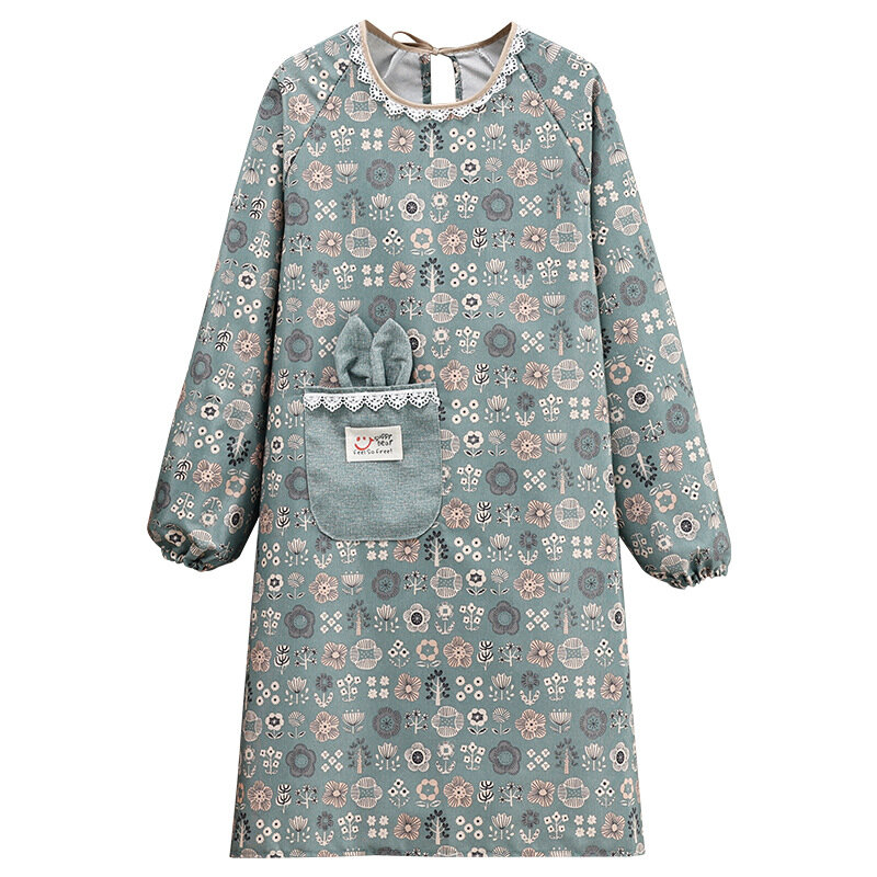 Женский хлопковый фартук с цветочным принтом и длинными рукавами. Дышащие холщовые фартуки с карманами и кружевной отделкой. Немаркий халат для готовки на кухне или работы по дому. Милый дизайн с завязкой сзади для работы или дома.