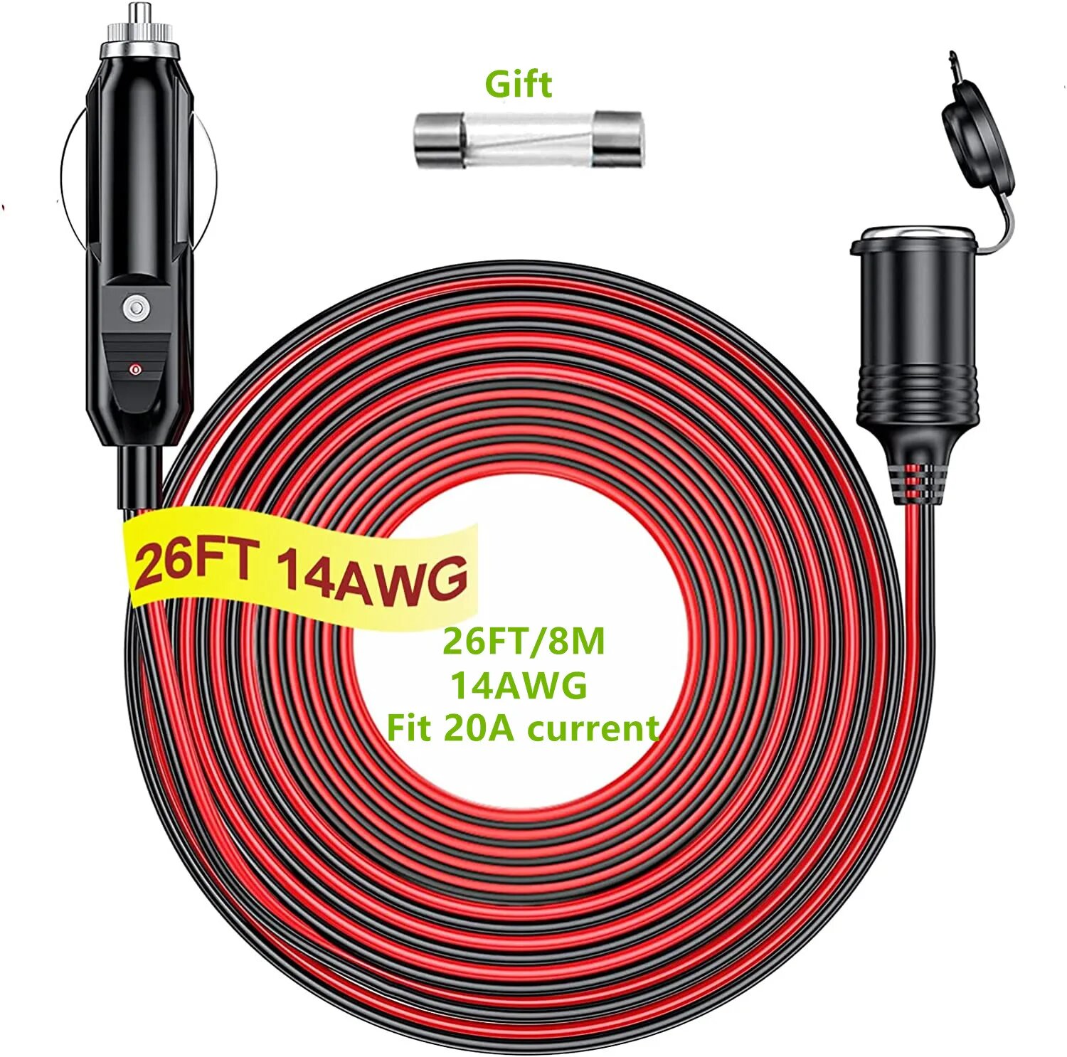 12 В 24 В 15A/20A автомобильный удлинитель прикуривателя 8 м 14AWG/16AWG автомобильный разветвитель зарядного устройства кабель розетка автоаксессуары, EC-26FT-14AWG-20A