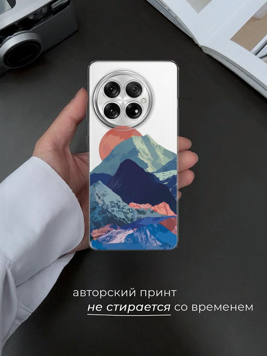 Чехол на OnePlus 13 / Ван Плас 13 с принтом "Закат в снежных горах", прозрачный — фото 1
