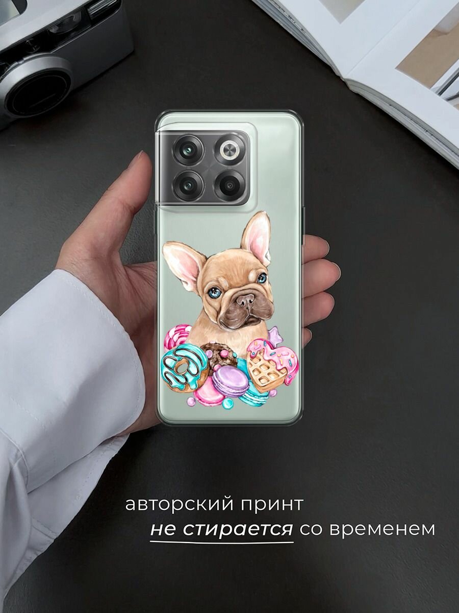 Чехол на OnePlus 10T / Ван плюс 10T с принтом "Бульдог и сладости", прозрачный — фото 1