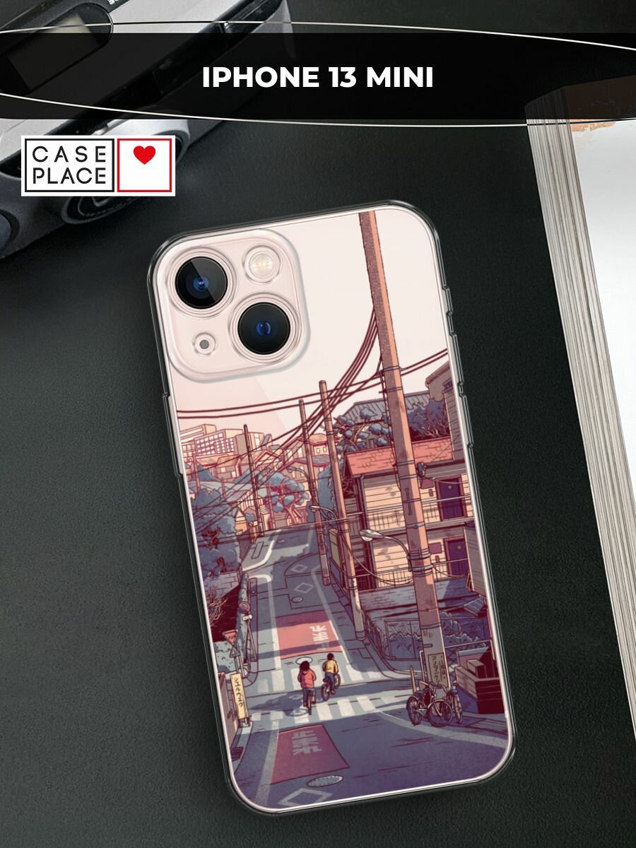 Чехол на Apple iPhone 13 mini / Айфон 13 мини с принтом "Закат на японской улице", прозрачный