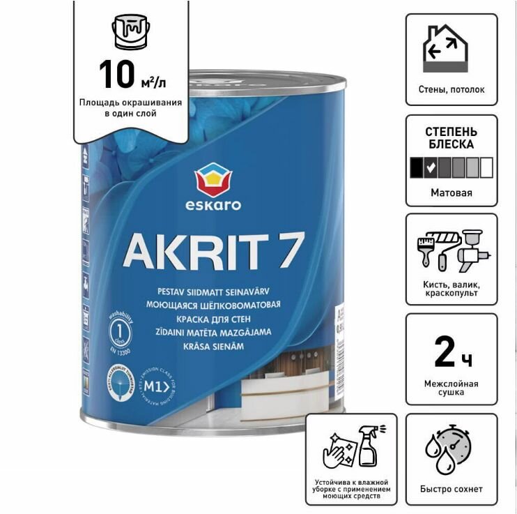 Краска для стен моющаяся акрилатная eskaro Akrit-7 белая (база А) 0,95 л