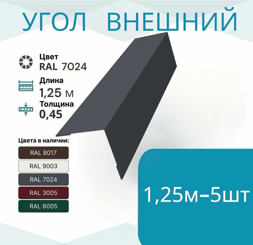 Уголок металлический наружный 20*40мм - 5шт, длина 1250мм, цвет: Графит RAL7024.