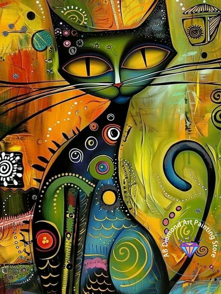 Набор для самостоятельной вышивки алмазами 5DКрасочный рисунок с кошкой - круглая алмазная мозаика размером 40x50 см для украшения стен дома,40X50CM, белый