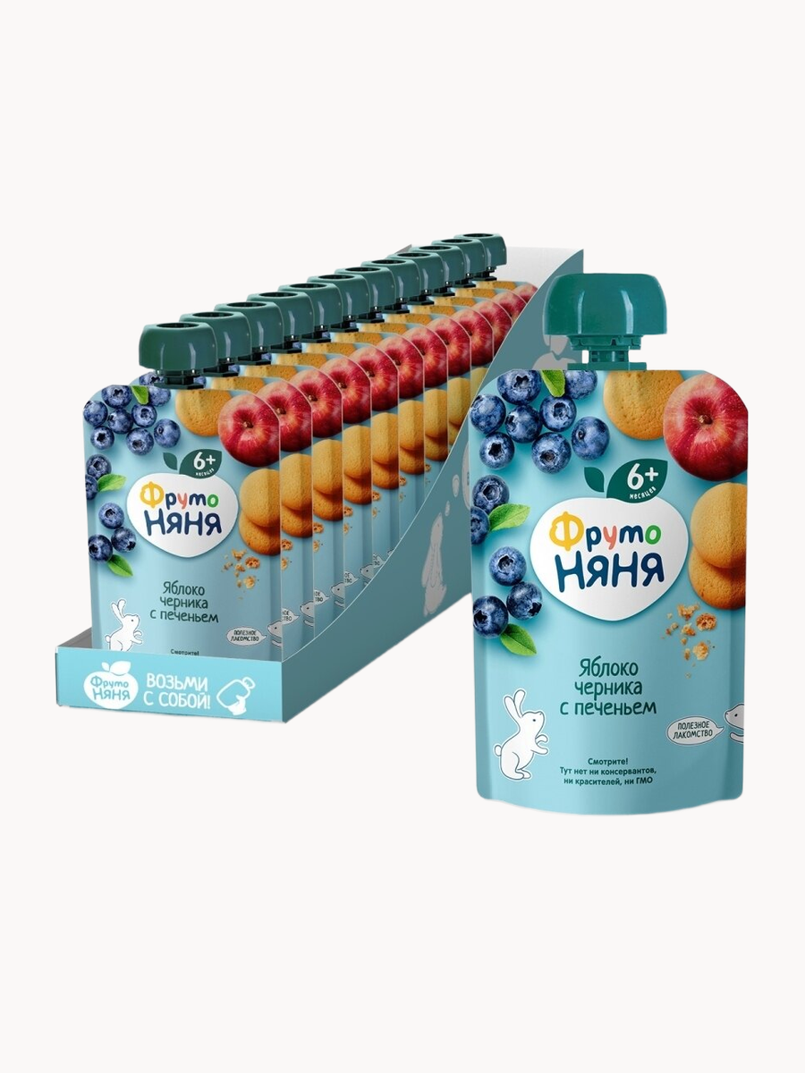 Пюре ФрутоНяня Яблоко, черника с печеньем, с 6 месяцев, 90 г, 12 шт.