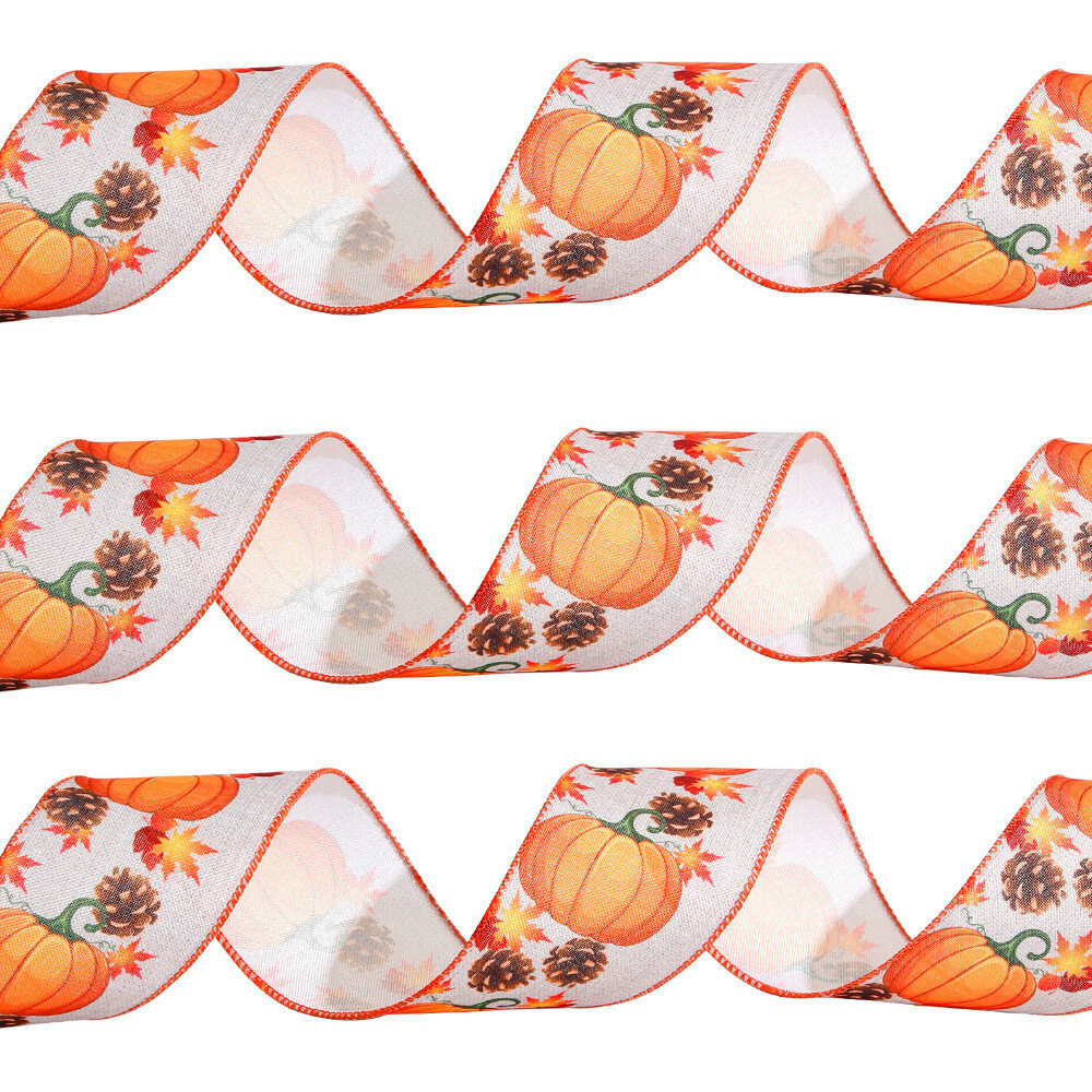 Лента festive 6.5 см с тыквой и кленовым листом для праздничного декора, 10 м, тыква, шишка, 6.5 см