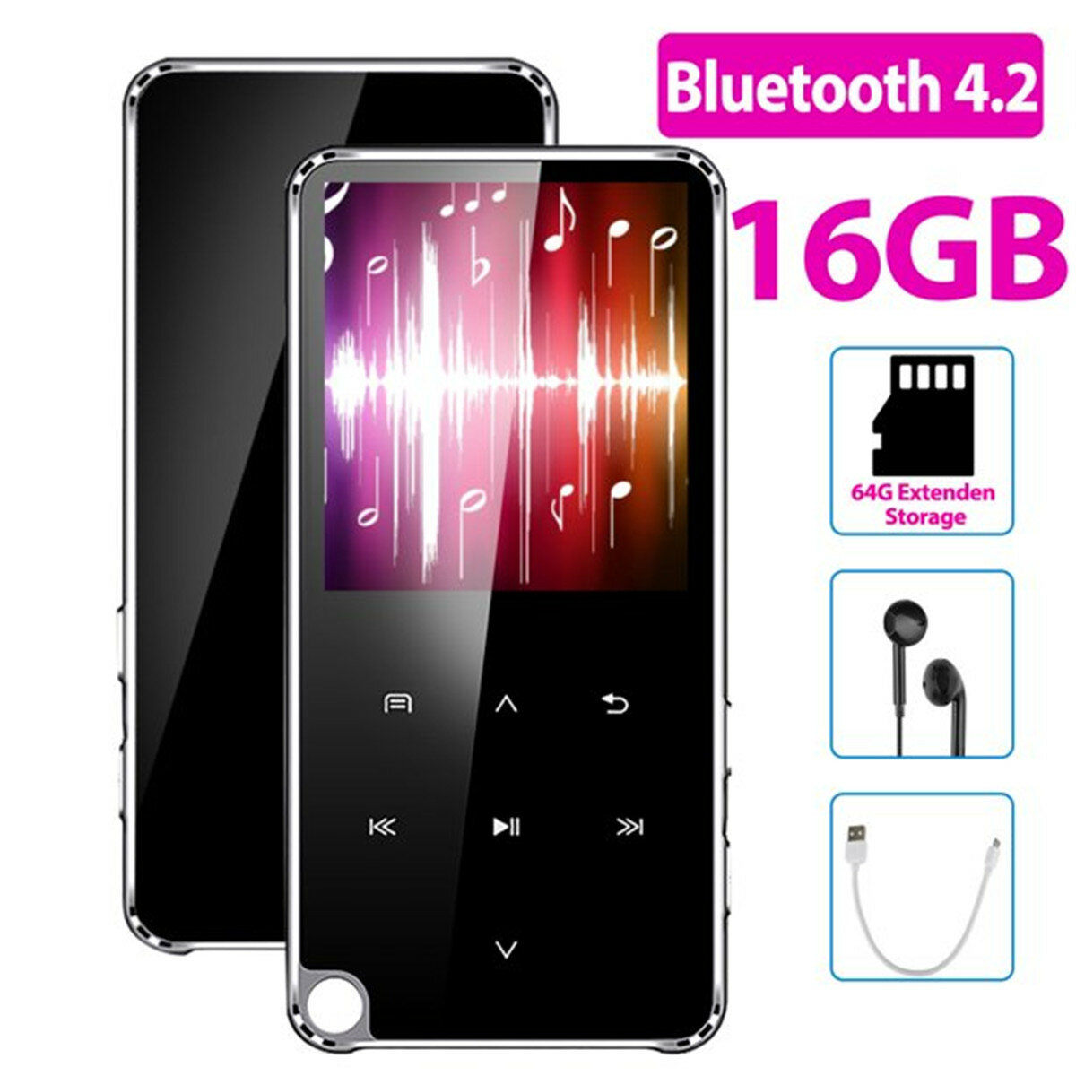 MP3 плеер с Bluetooth 4.2 EEEkit 16GB/8GB портативный с экраном 1.8", радио, записывающим микрофоном, поддержкой электронных книг, до 128G TF карты черный (входит наушники)