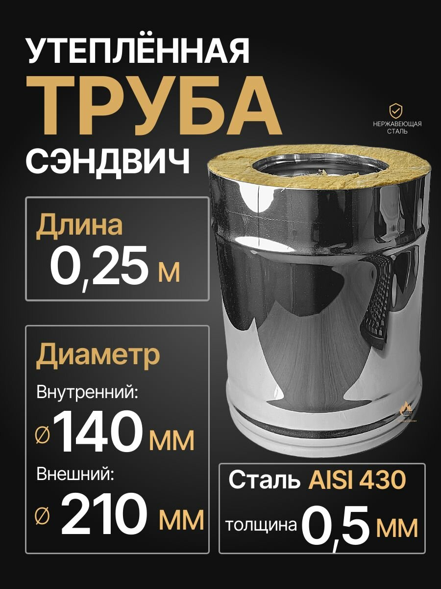 Сэндвич труба термо для дымохода утепленная 0,25 м d 140x210 мм (0,5/430*0,5/430) нерж/нерж "Прок"
