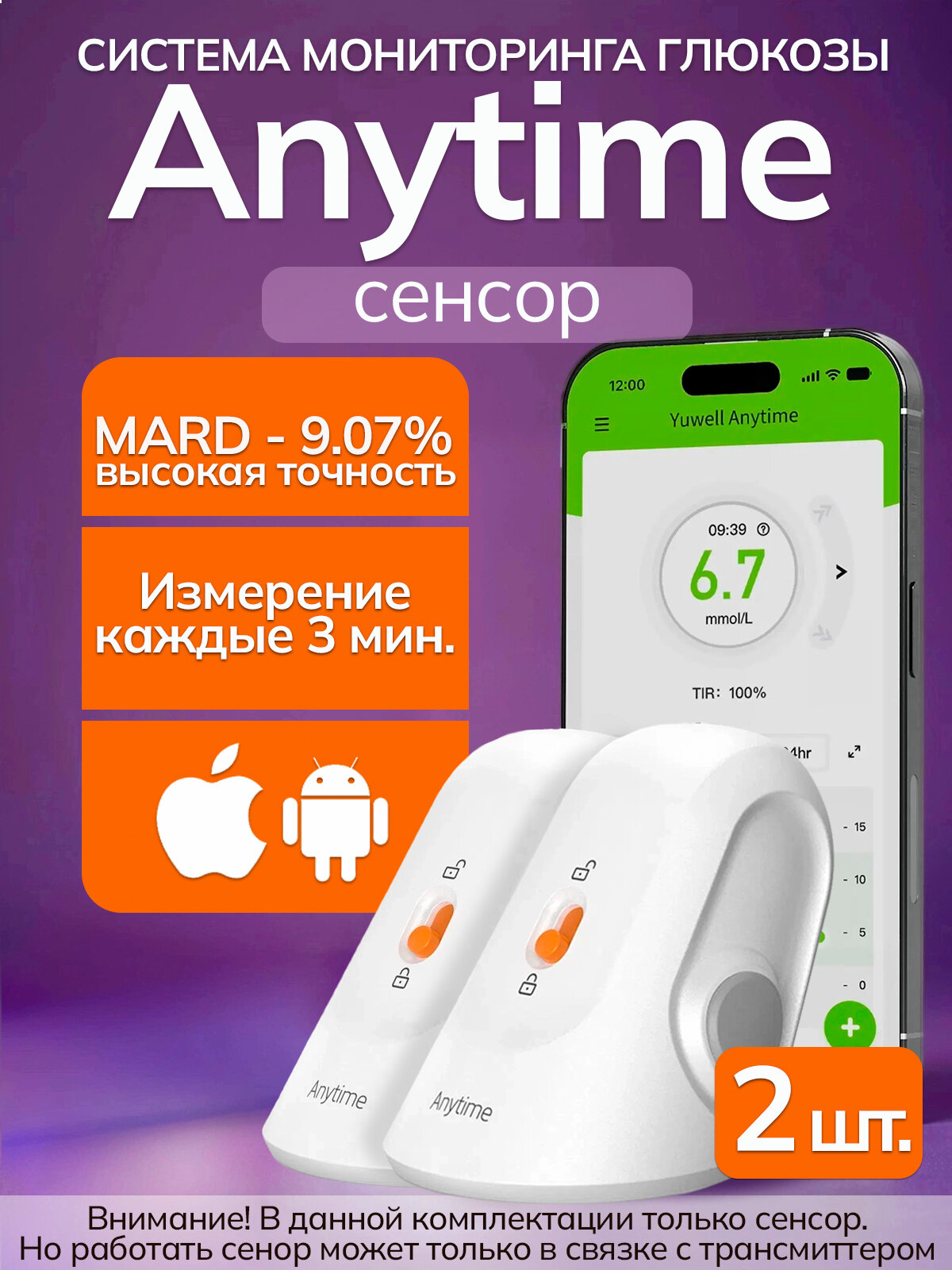 Сенсор для непрерывного мониторинга глюкозы Anytime CGM - 2 штуки