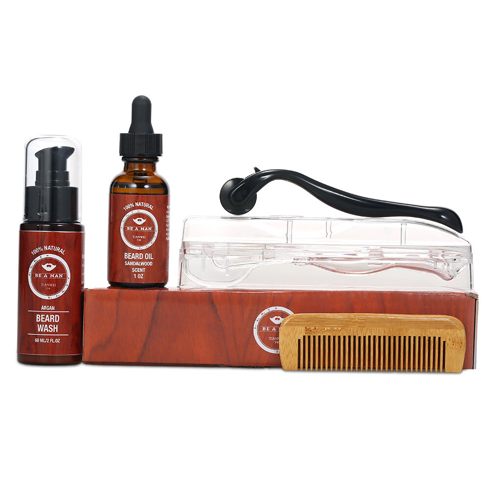 4 Pcs/set Набор для роста бороды для мужчин: Бородочный роллер, Шампунь для бороды, Масло для роста бороды, Бородочный гребень, Sandalwood Scent, 1oz, Бамбук, 22*13*4cm, 301g