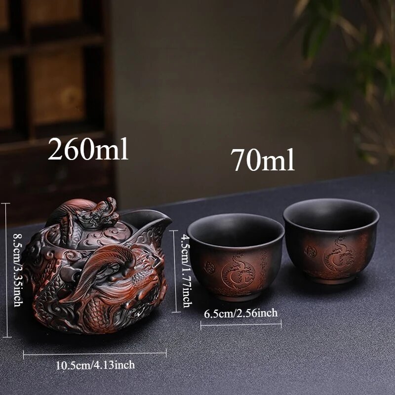 Чайный набор из фиолетовой глины с драконом one kettle two cups