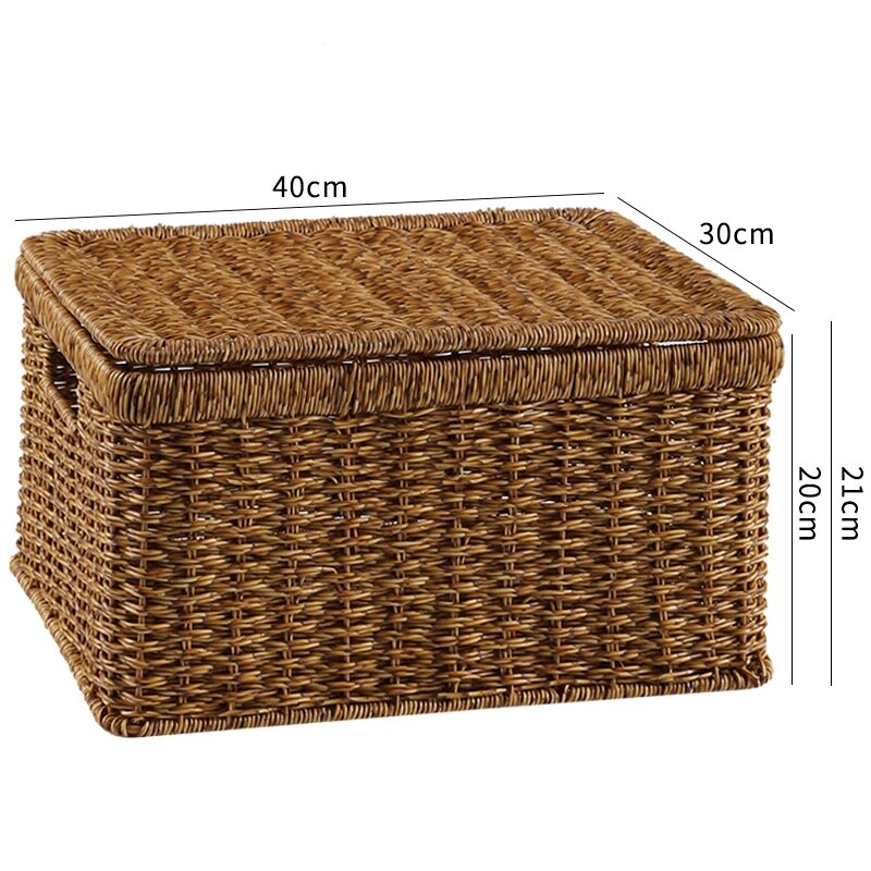 Темный бежевый пластиковый плетеный контейнер с крышкой, 40x30x20 см для хранения в доме