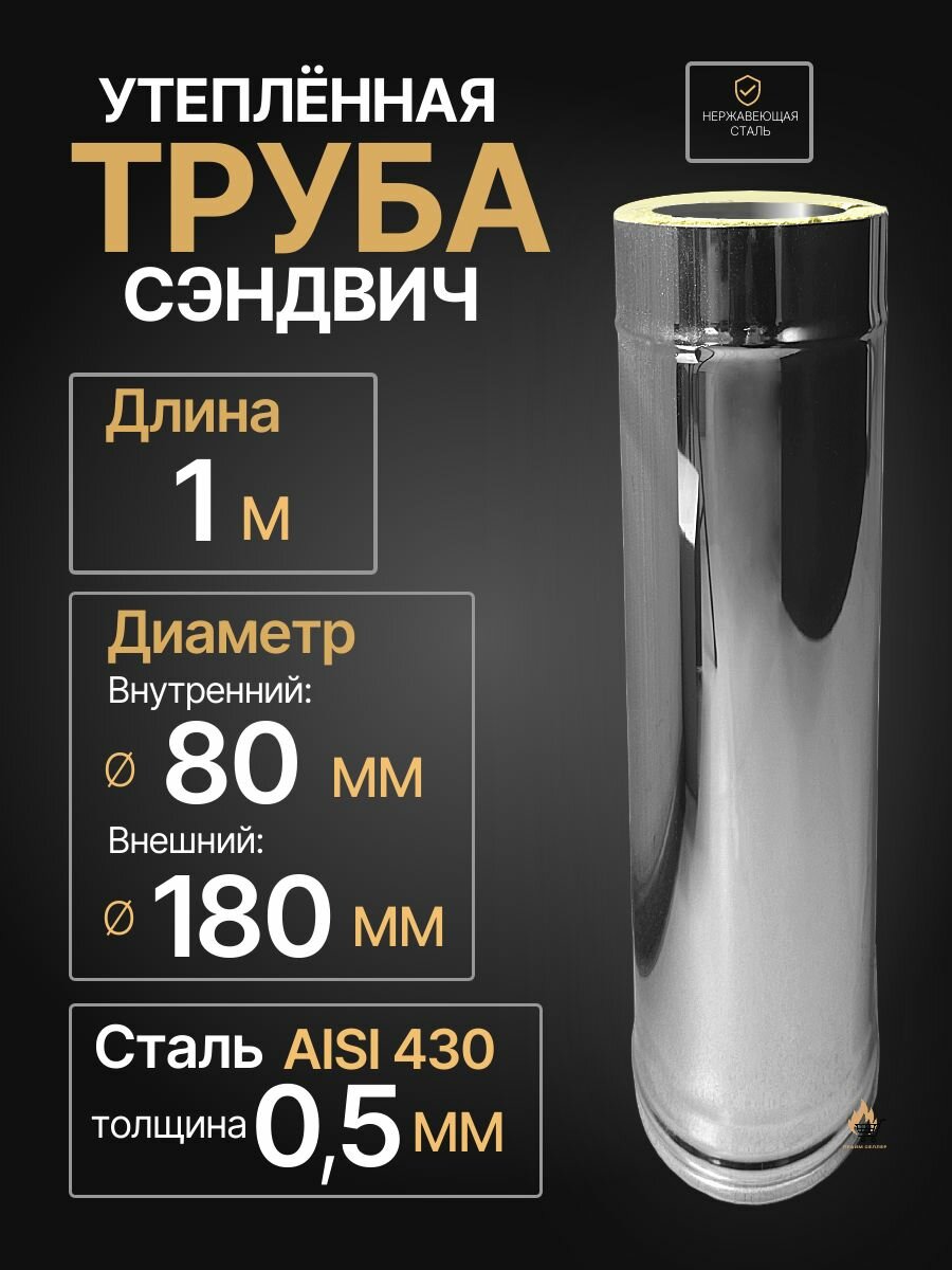 Сэндвич труба термо для дымохода утепленная 1 м d 80x180 мм (0,5/430*0,5/430) нерж/нерж "Прок"