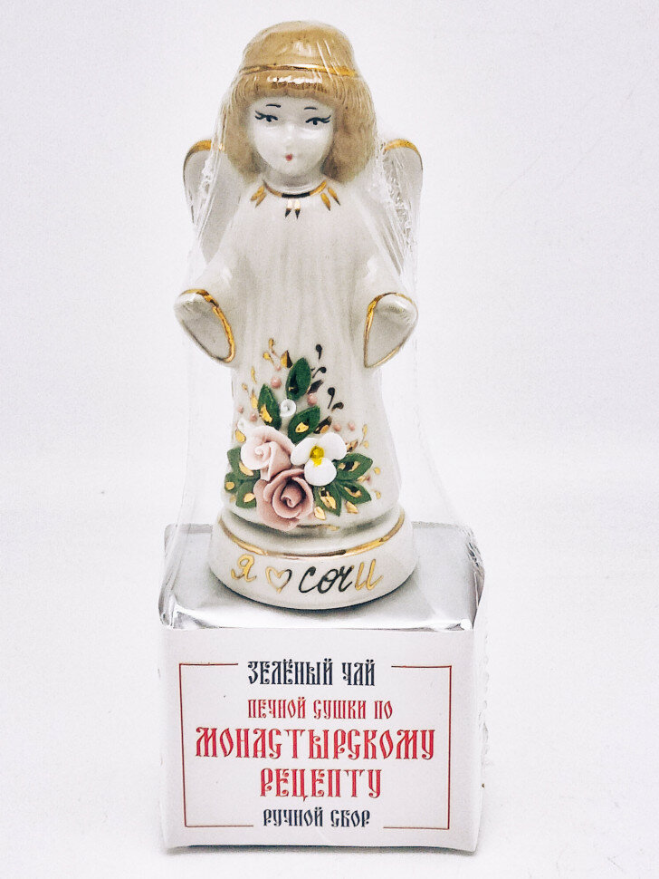 Зеленый чай печной сушки монастырский травник 40гр с сувениром ангел с лепниной коллекционный фарфор