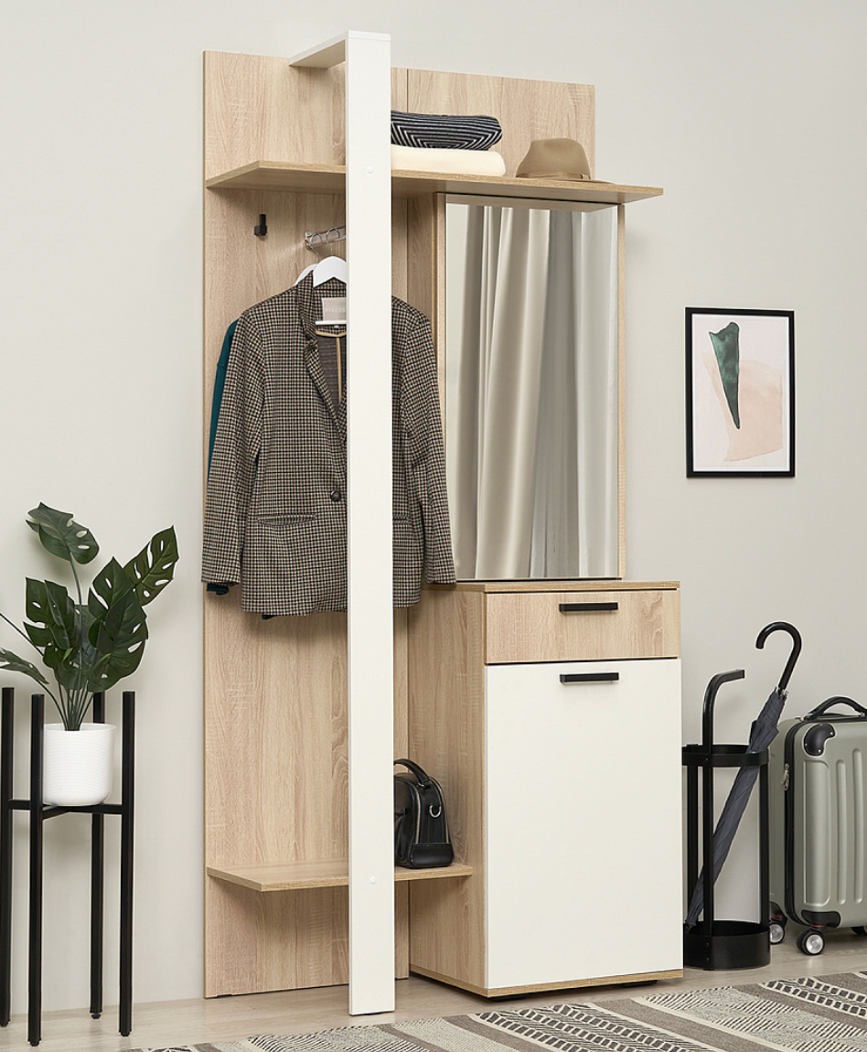 Прихожая санса ПР-01 с зеркалом для коридора, 100×210×40 см, белый / дуб сонома