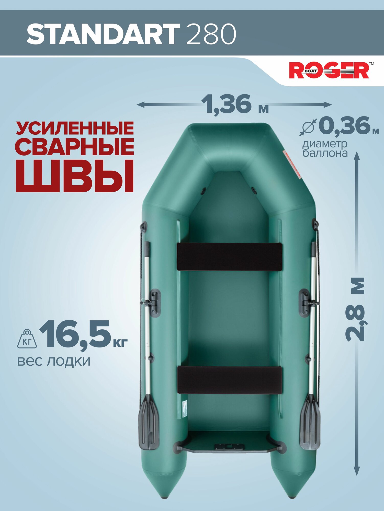 Лодка надувная для рыбалки ПВХ под мотор ROGER Standart 280, с транцем (зеленый)