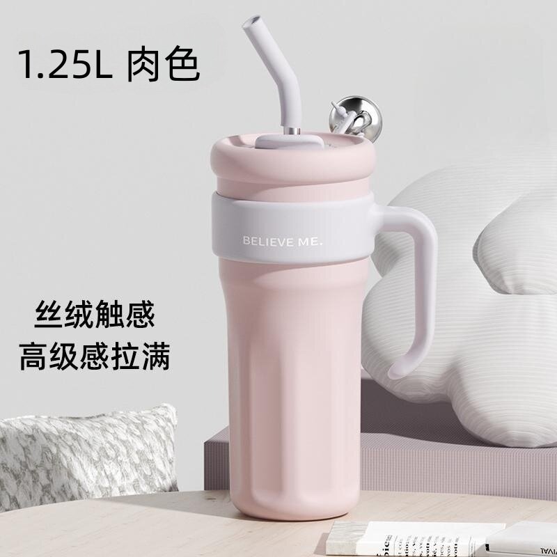 Однотонная термокружка в американском стиле из нержавеющей стали 316, большая емкость, для дома и офиса, с ручкой и соломинкой для автомобиля.