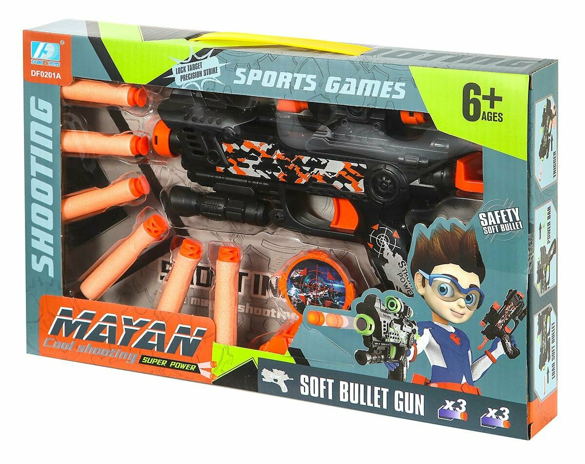 Пистолет игрушечный с мягкими пулями "Mayan", 6 патронов и мишень, безопасная стрельба, 6+