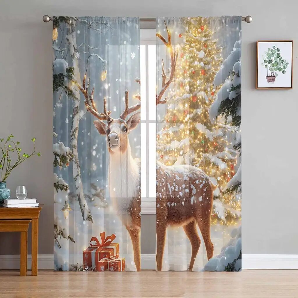 Прозрачные тюлевые шторы Snowing Winter Elk Grommet Top, W150XH250cm x2, 13