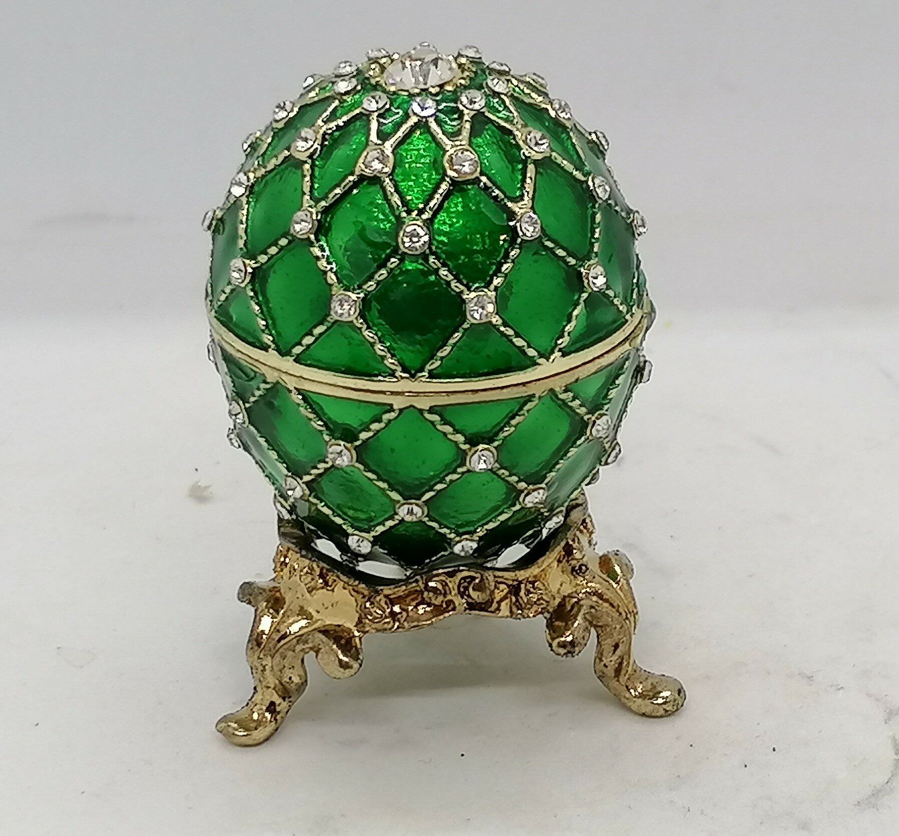 Яйцо Фаберже сетка с орнаментом и стразами на подставке, малое, зеленое, арт 90836