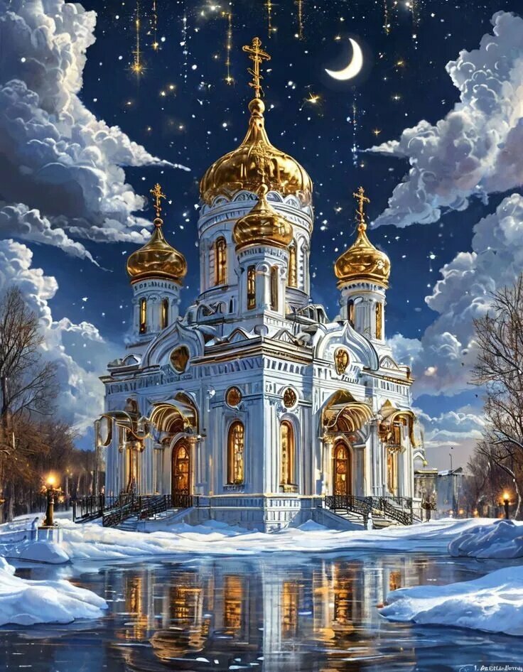 Бриллиантовая мозаика без рамки Церковь 40х50 размеров