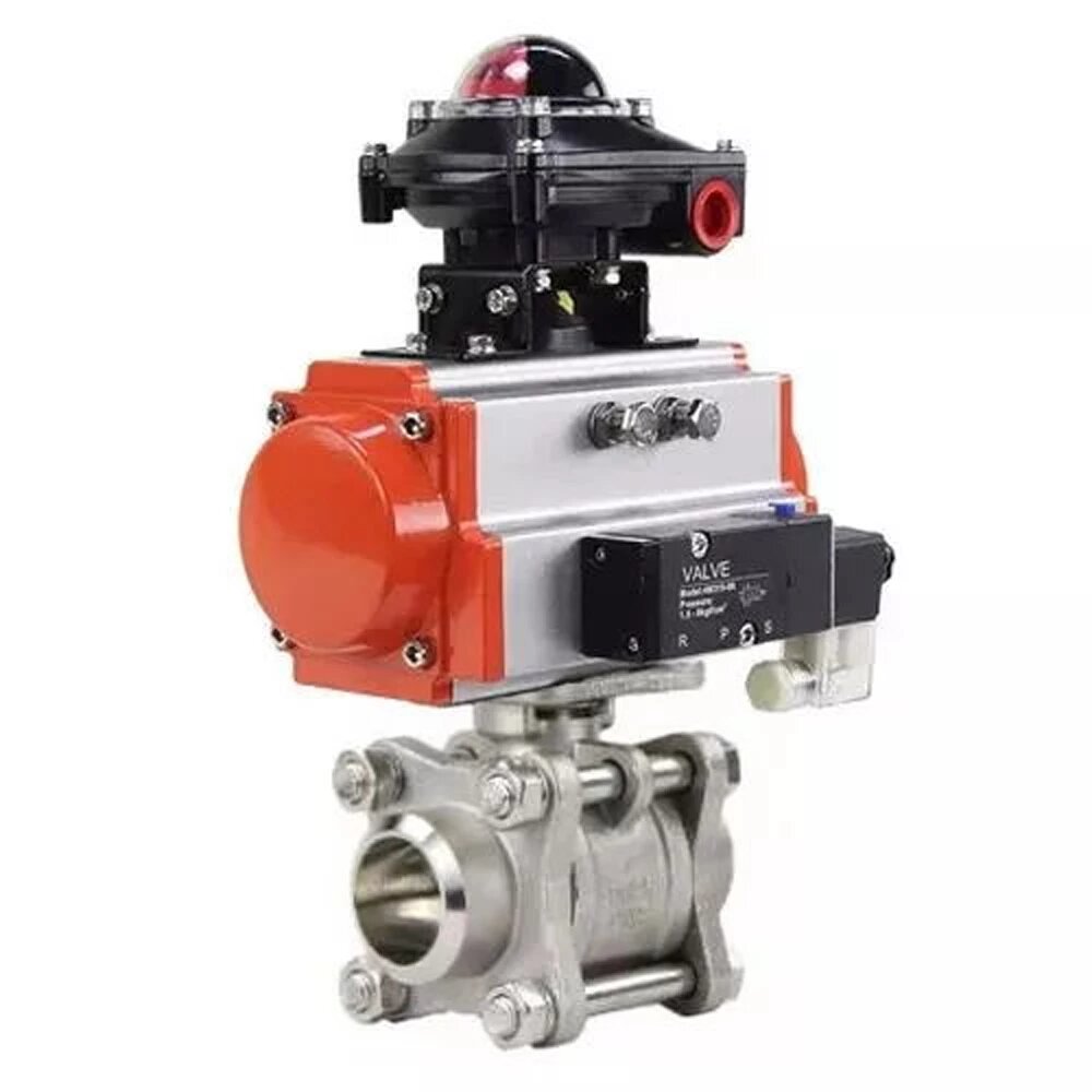 Кран шаровой DN.ru кшпп 316.200-ISO Ду20 Ру63, полнопроходной под приварку, нержавеющая сталь SS316, уплотнение - PTFE, с пневмоприводом DA-052 двойного действия, с пневмораспределителем PND2-S1EM-52-1NC-J08-220VAC, с БКВ LSB-410-02ExM12-250