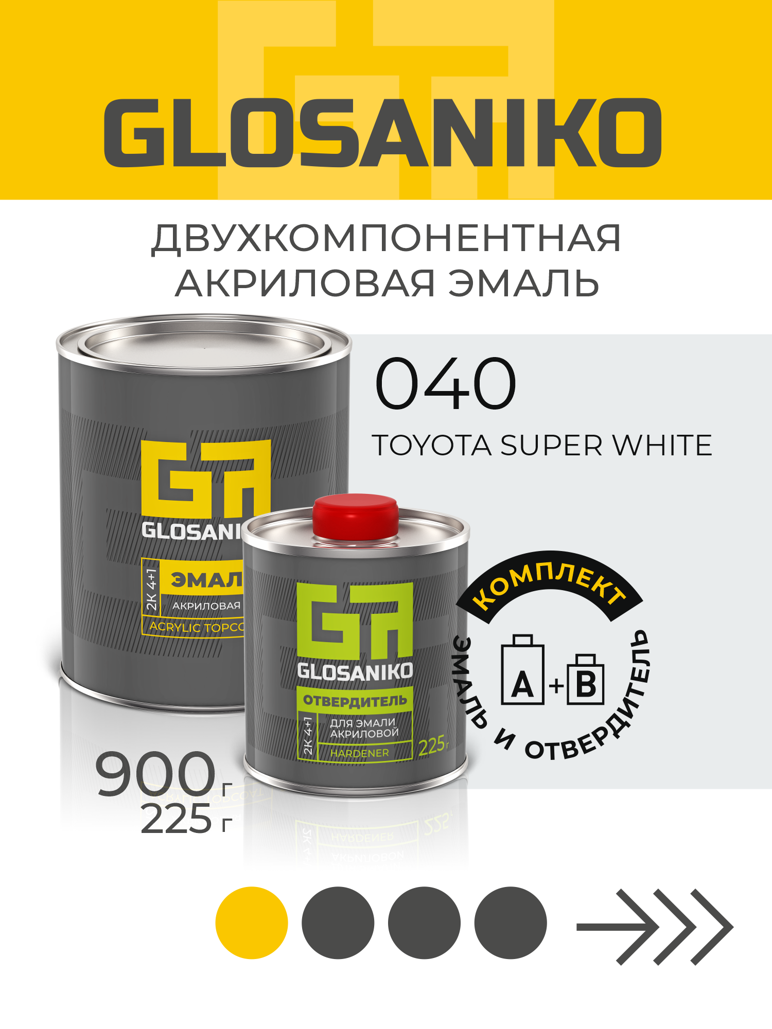 Toyota Super White 040, комплект эмаль 0,9кг + отвердитель 0,225кг, Glosaniko Акриловая эмаль 2К 4:1