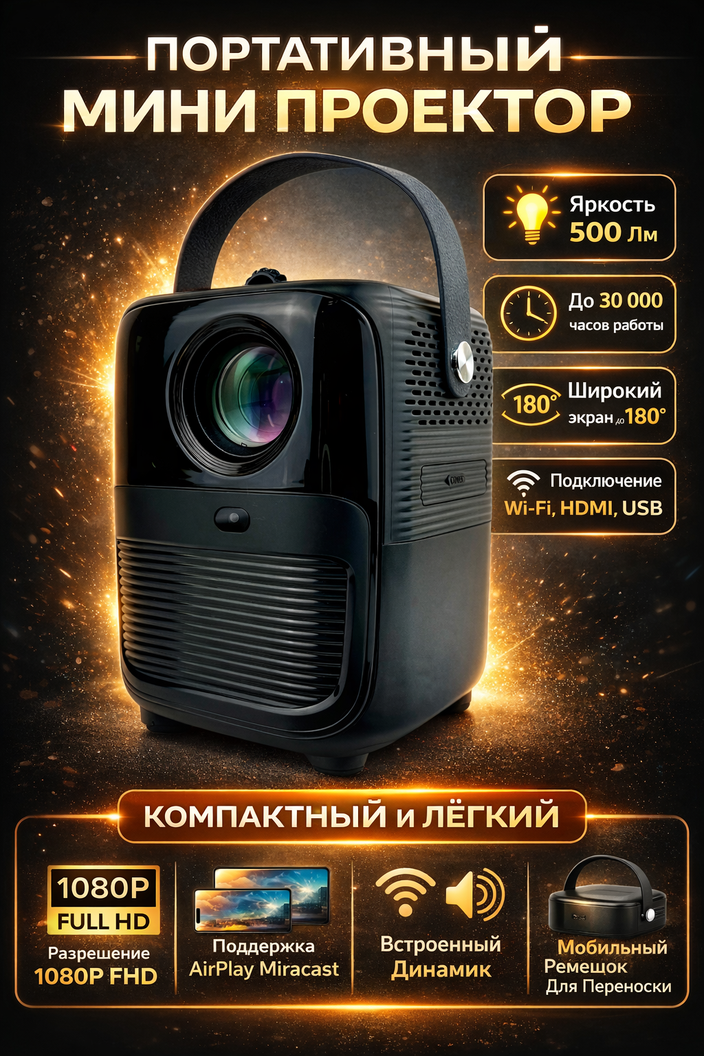 Проектор для домашнего кинотеатра, беспроводное соединение, Wi-Fi, черный