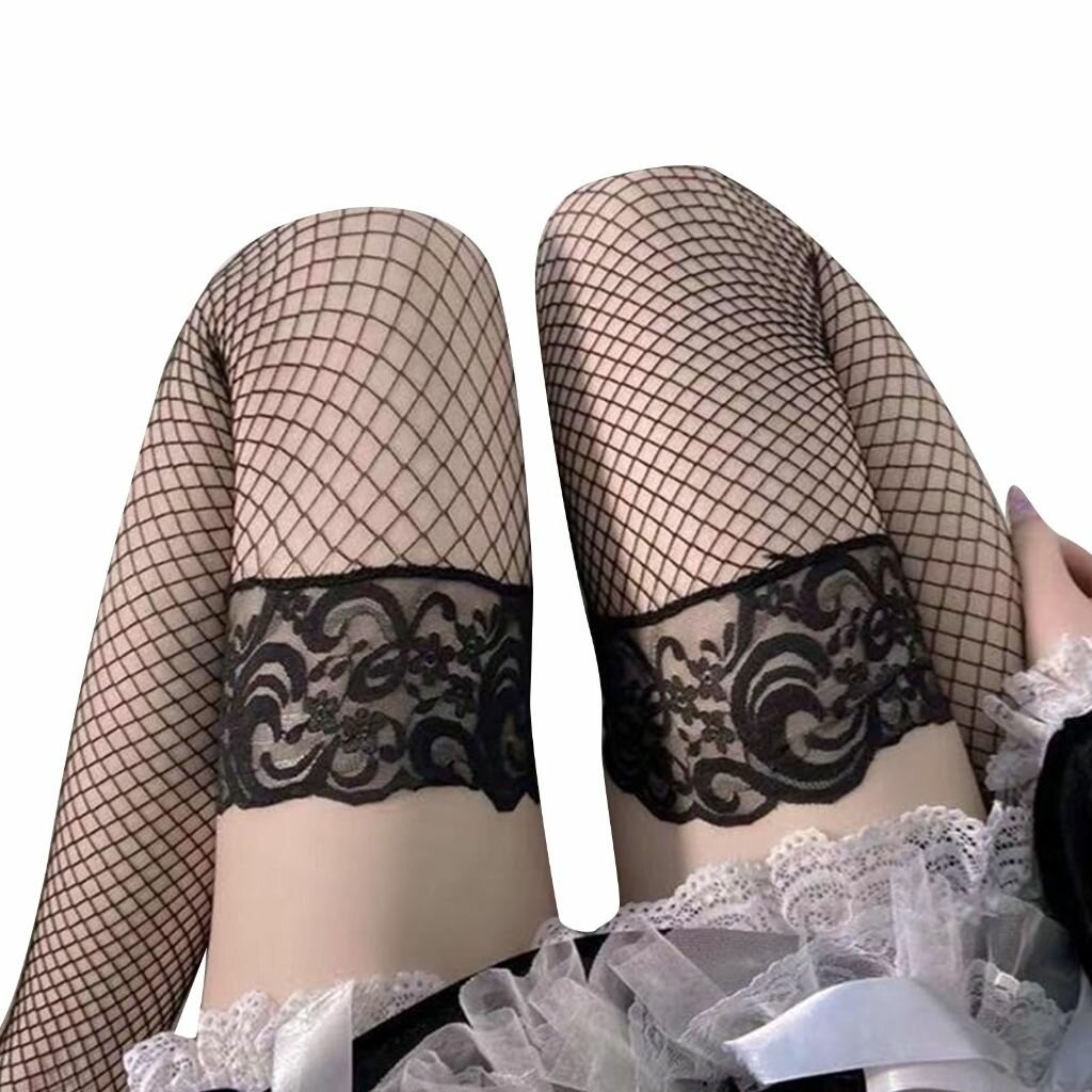 Эластичные кружевные чулки в сеточку-черный-средняя сетка