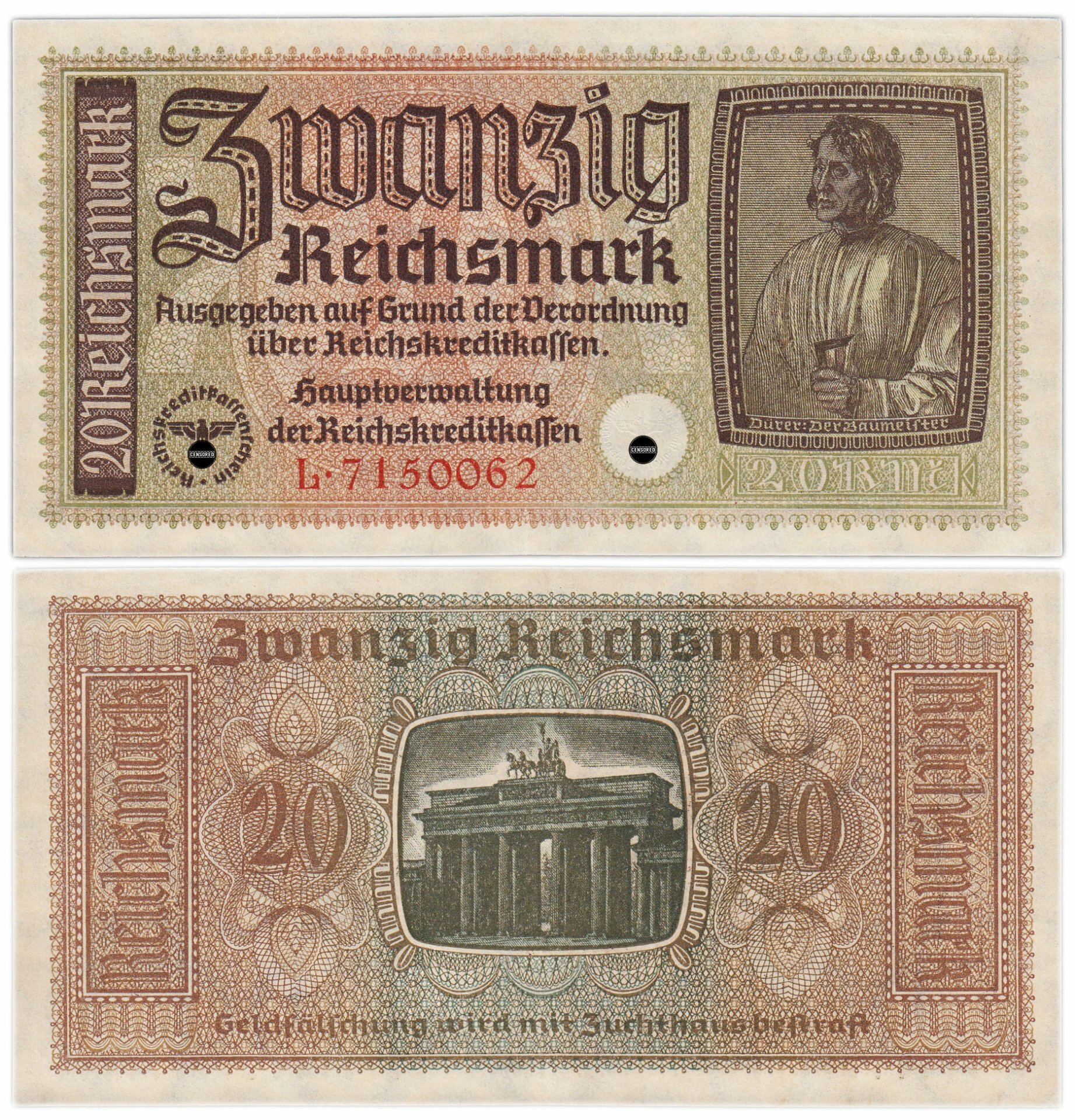 Германия 20 рейхсмарок 1940-1945 Немецкие оккупационные территории