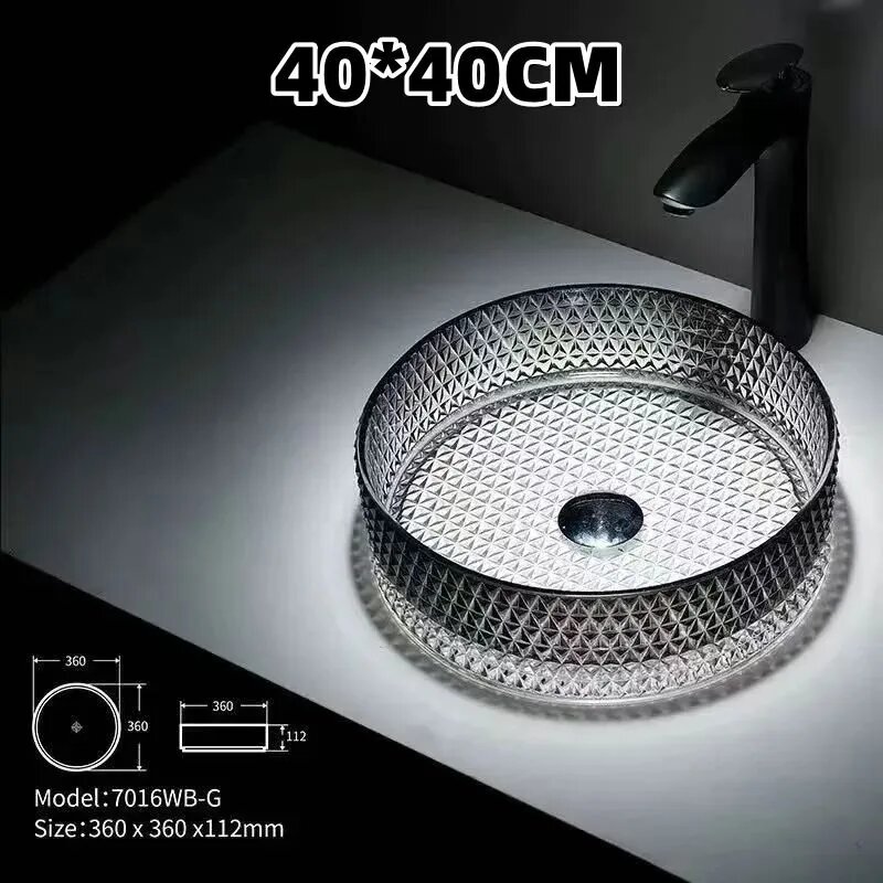 Прозрачная круглая стеклянная раковина с черной рамкой и белым фоном40*40CM