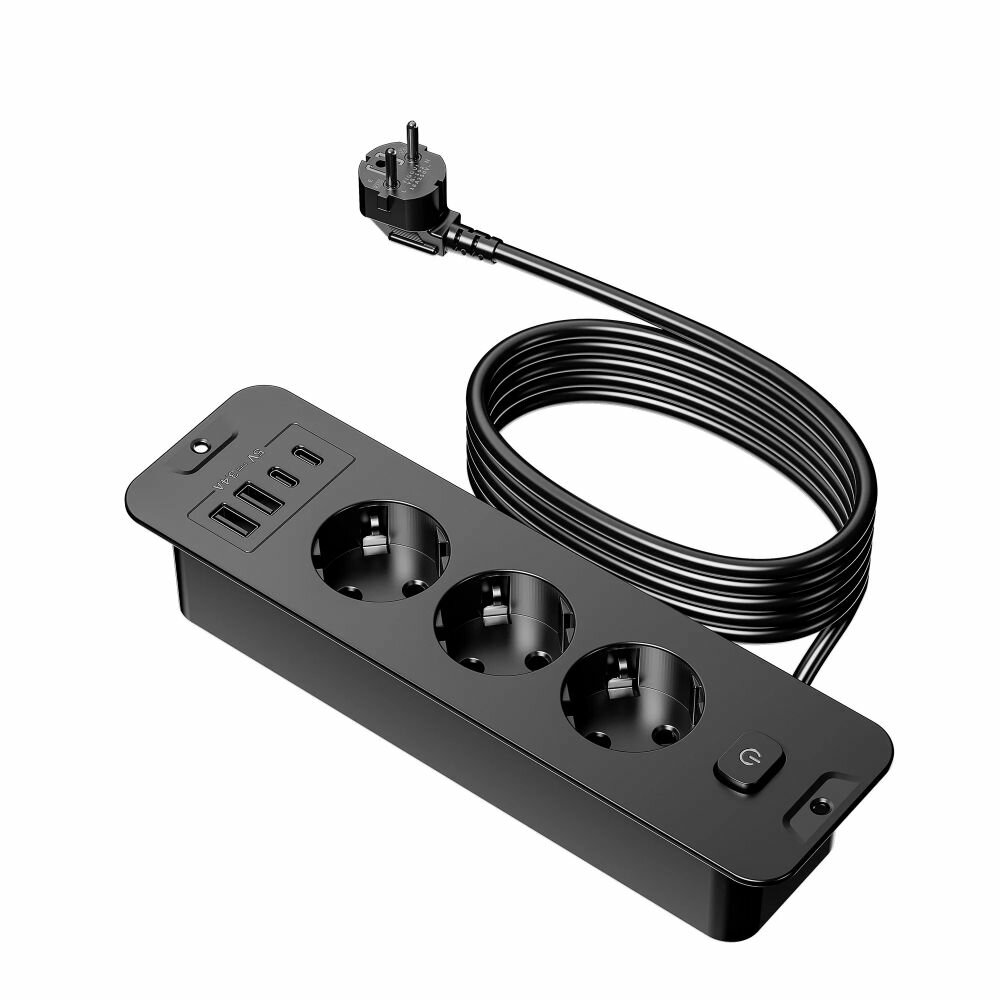 Встраиваемый сетевой фильтр европейского стандарта 7-в-1 с 2 разъемами USB-A, 2 разъемами USB-C, 3 розетками переменного тока и удлинителем длиной 2 метра.