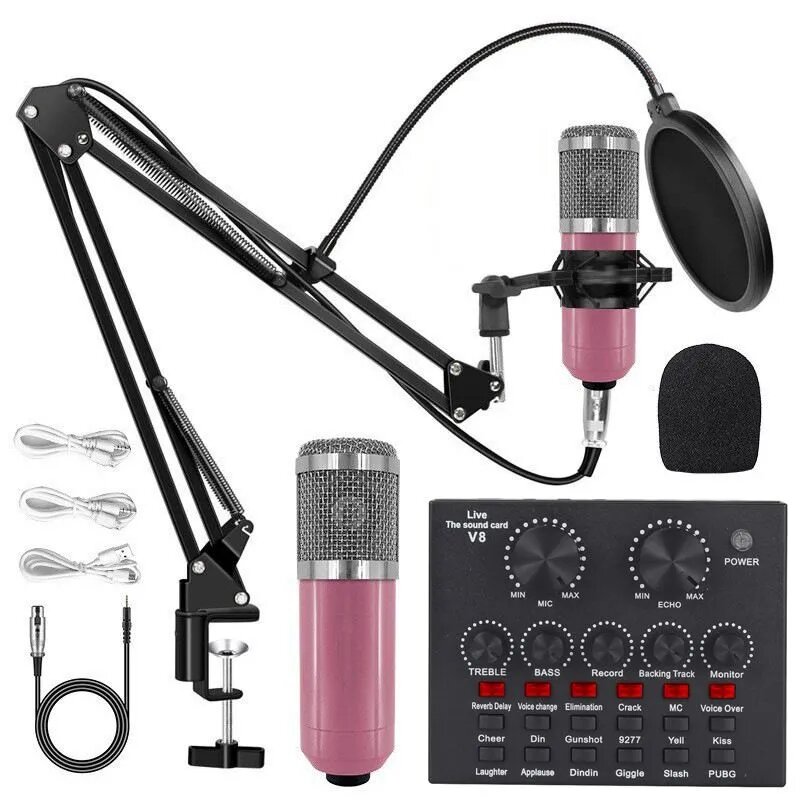 Студийный комплект для звукозаписи студийный V8 Студийный комплект для звукозаписи универсальный , вокальный процессор с микрофоном, розовый
