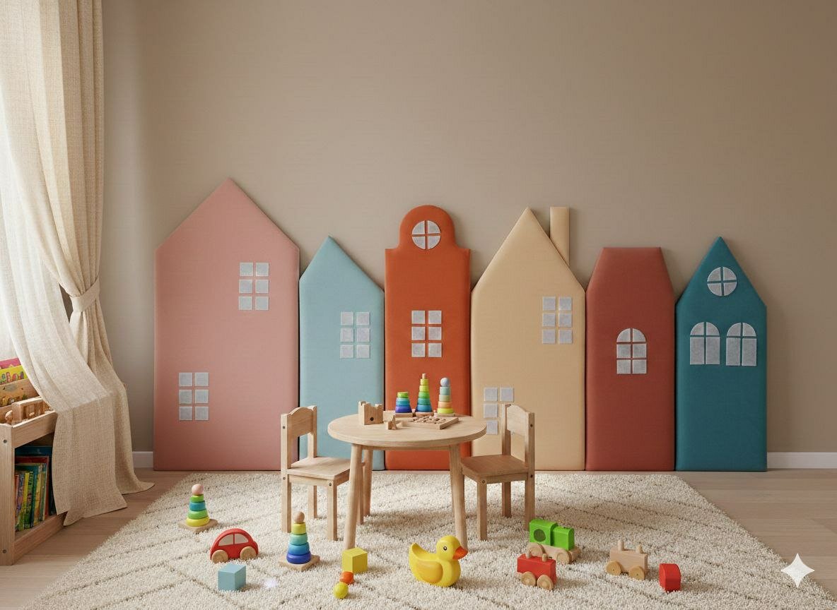 Мягкие стеновые панели из велюра для детской Домики - 6 шт Изголовье кровати мягкое Цвет Мятная конфета